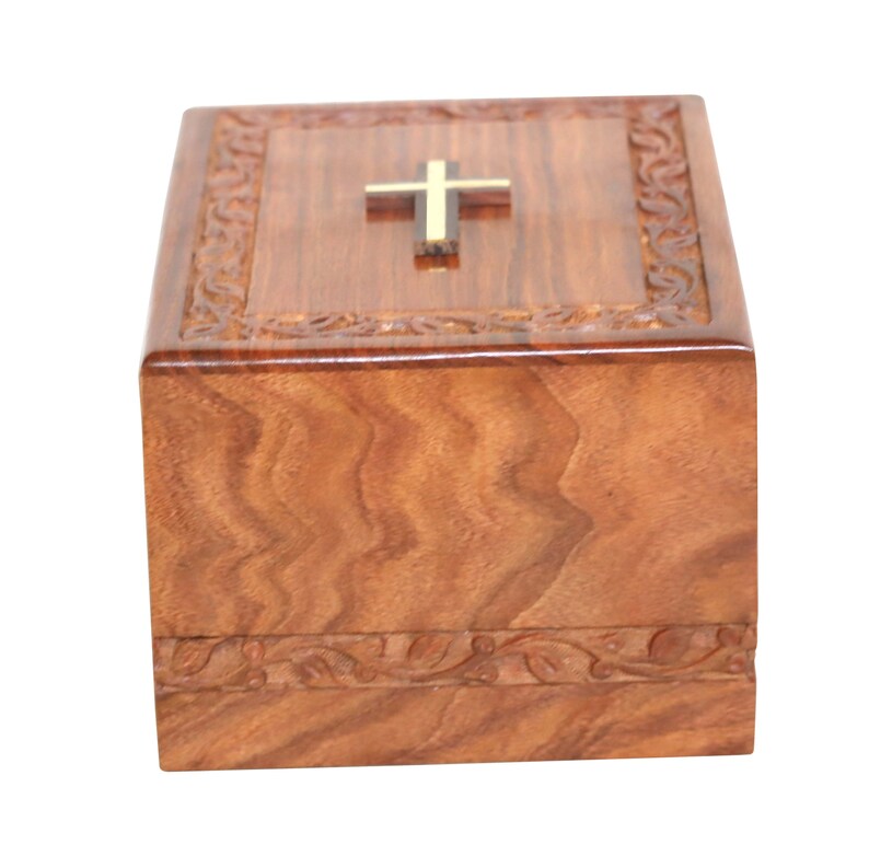 Wooden Urn Box With Brass Cross and Border Carving Wood Cremation Urns ...