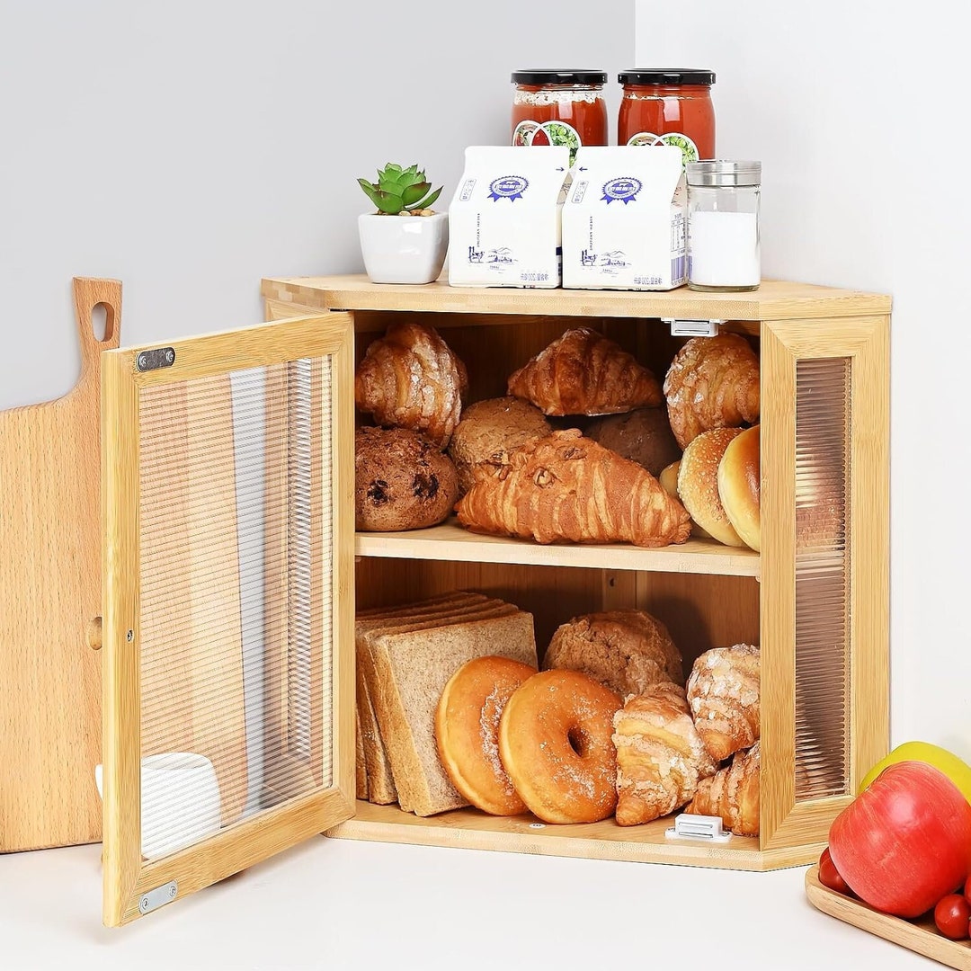 Double Layer Bamboo Bread Box Bread Storage Large Bread Box Rustic ...