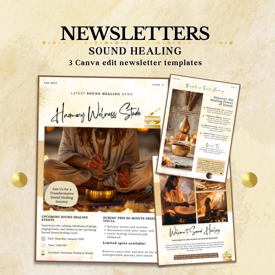 Sound Healing Newsletter Templates | 3 Editable Canva Designs in Golden ...