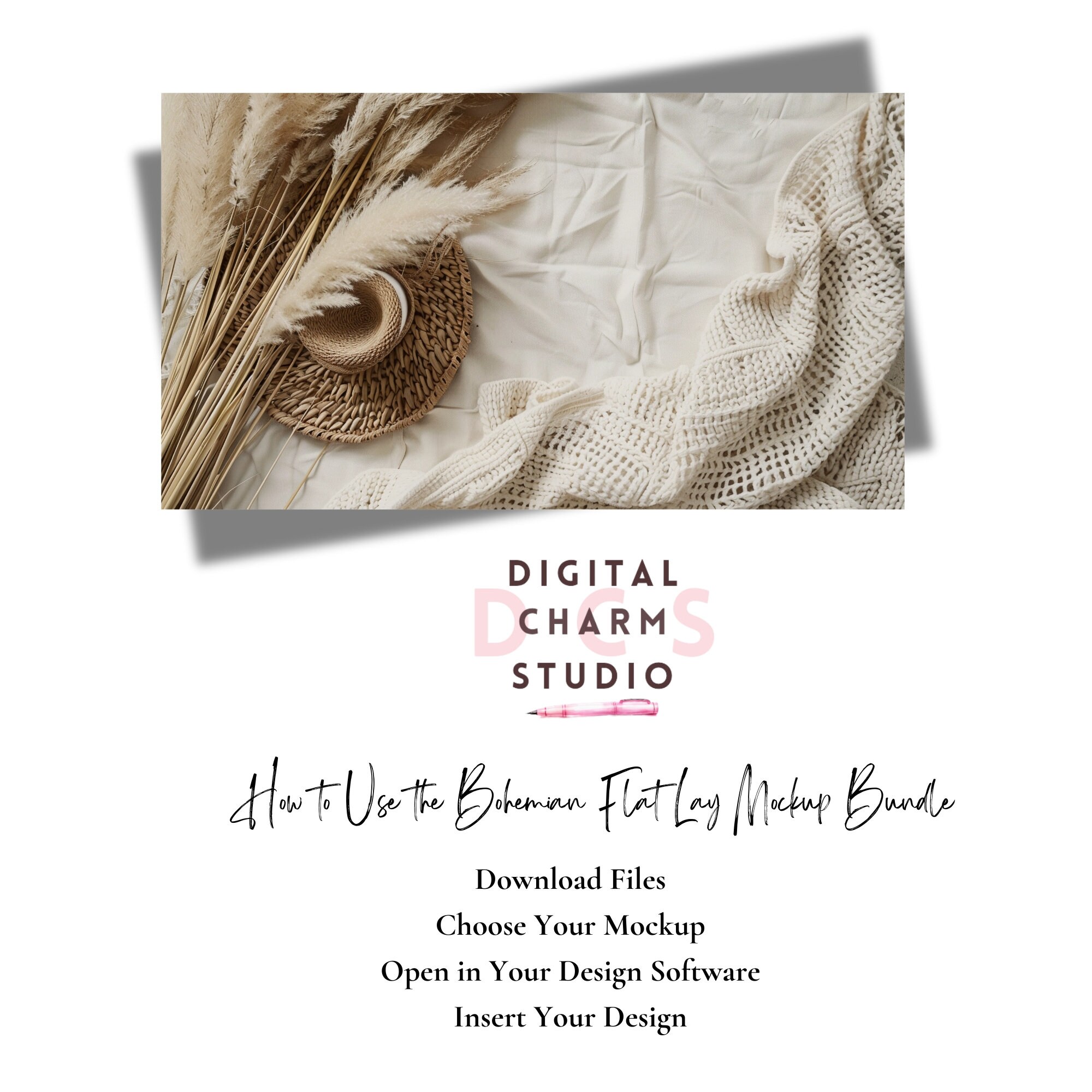 Pampas Style Boho Flat Lay Mockup Bundle, Digital Background, Boho Chic ...