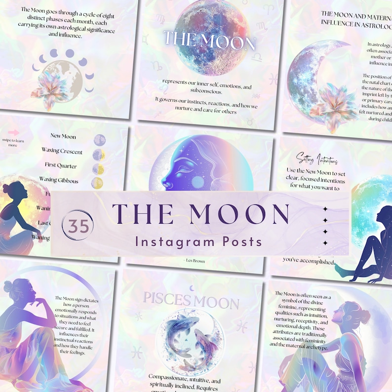 Astrology Instagram Post Template Bundle: Holographic Moon, Zodiac ...
