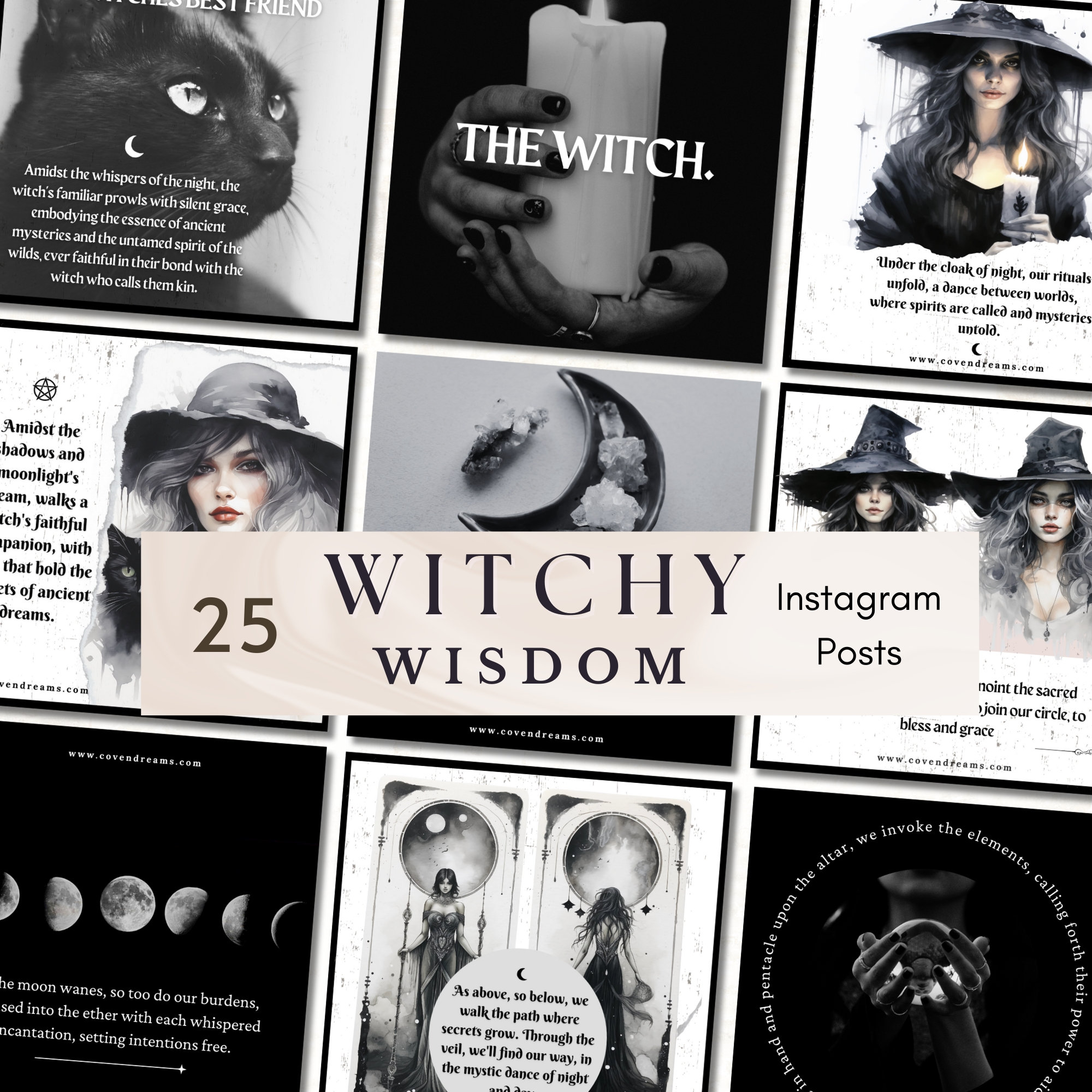 Witchy Wisdom Instagram Post Templates, Black and White, Canva (digital ...