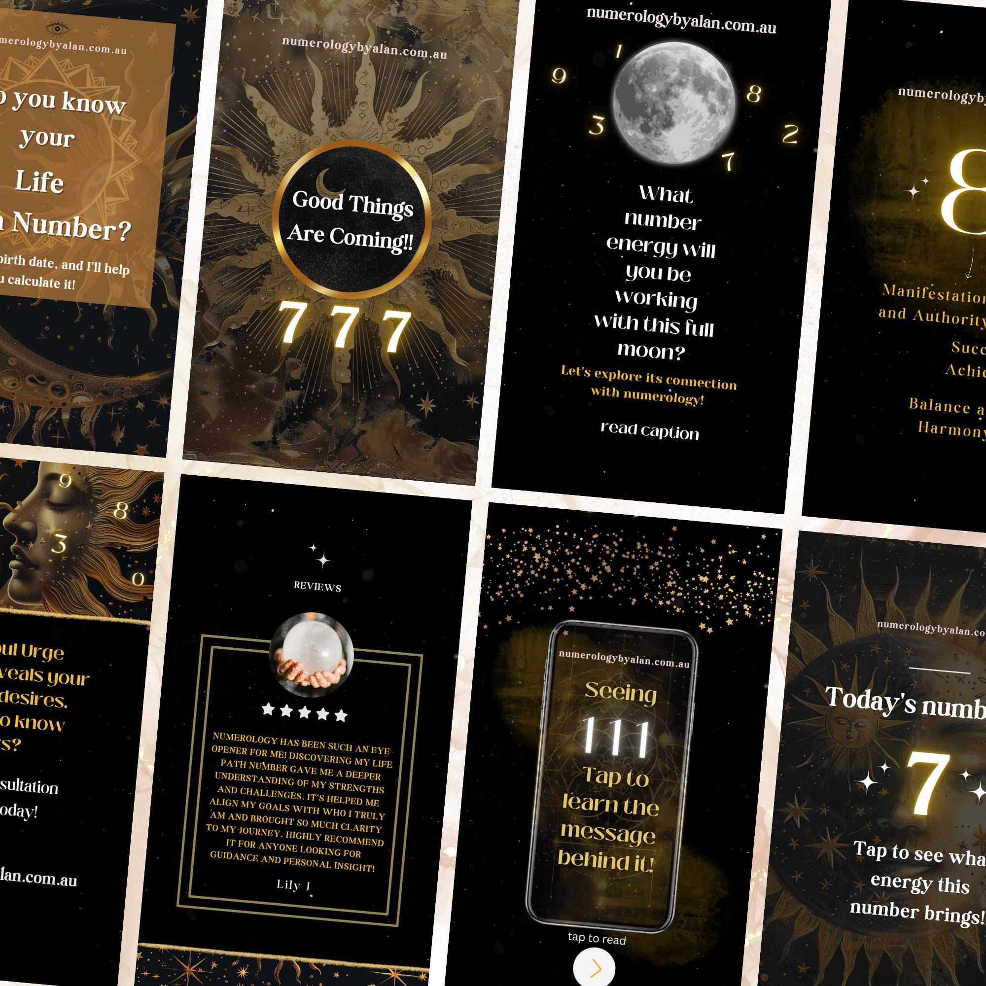 Black and Gold Numerology Instagram Bundle, Post Templates, Story ...