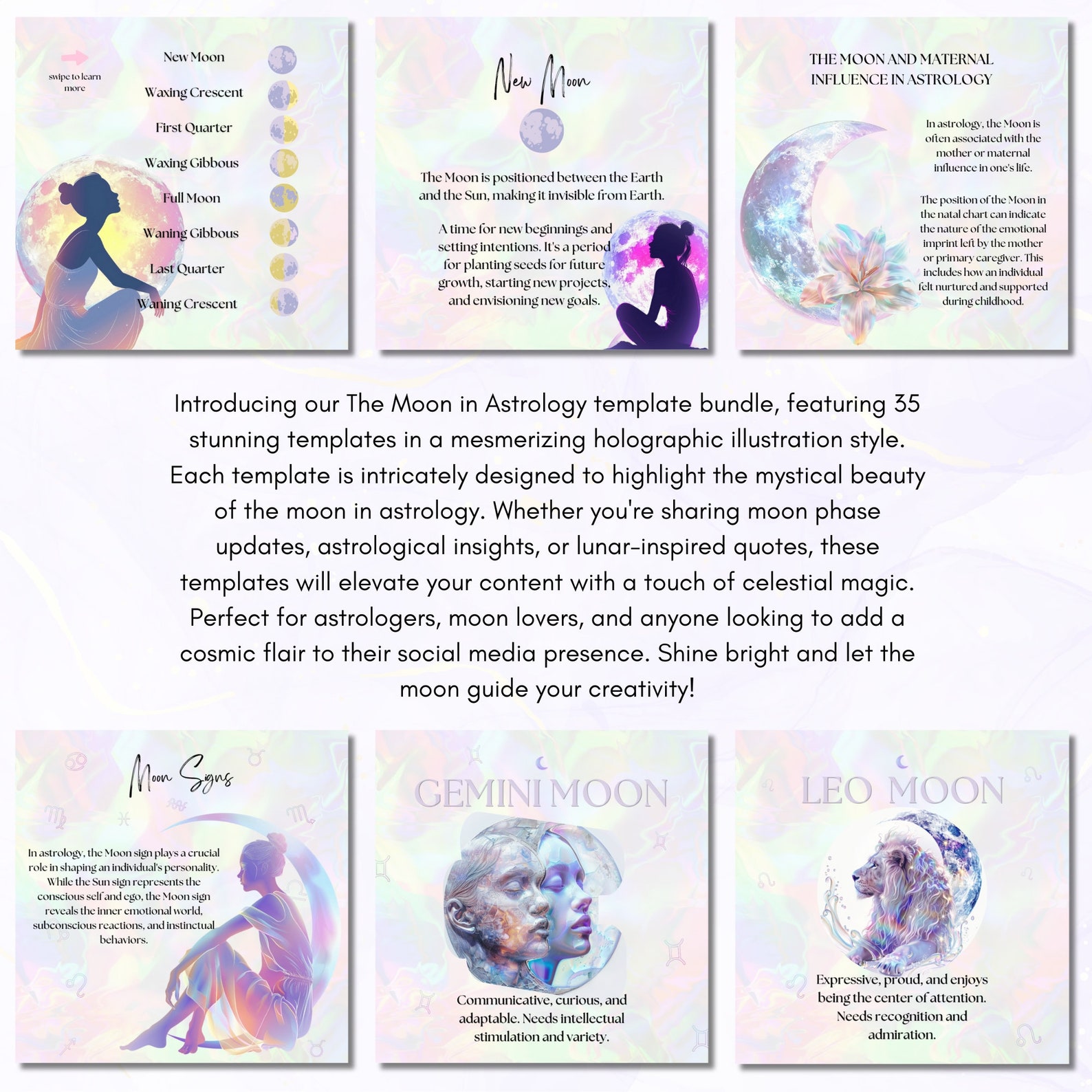 Astrology Instagram Post Template Bundle: Holographic Moon, Zodiac ...