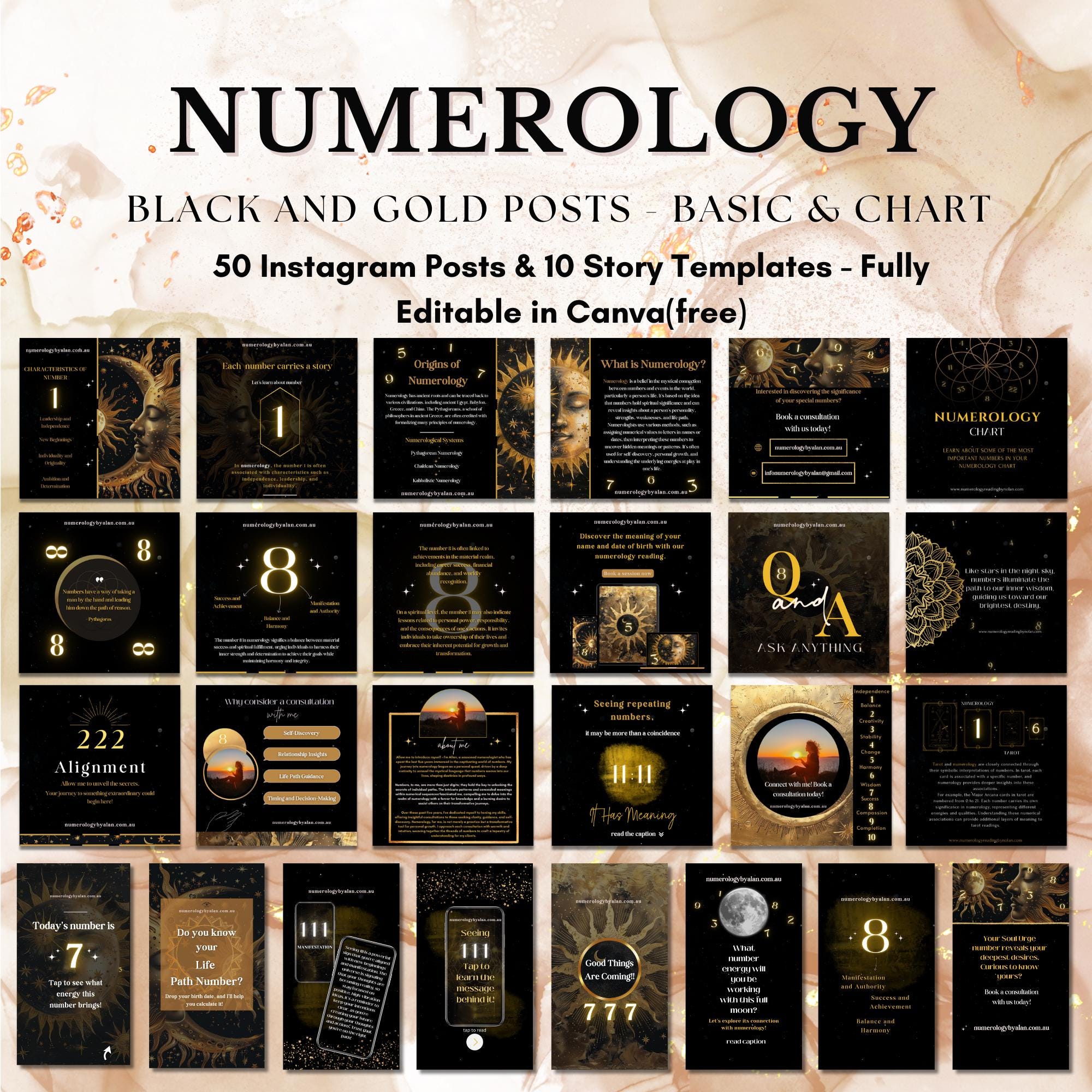 Black and Gold Numerology Instagram Bundle, Post Templates, Story ...