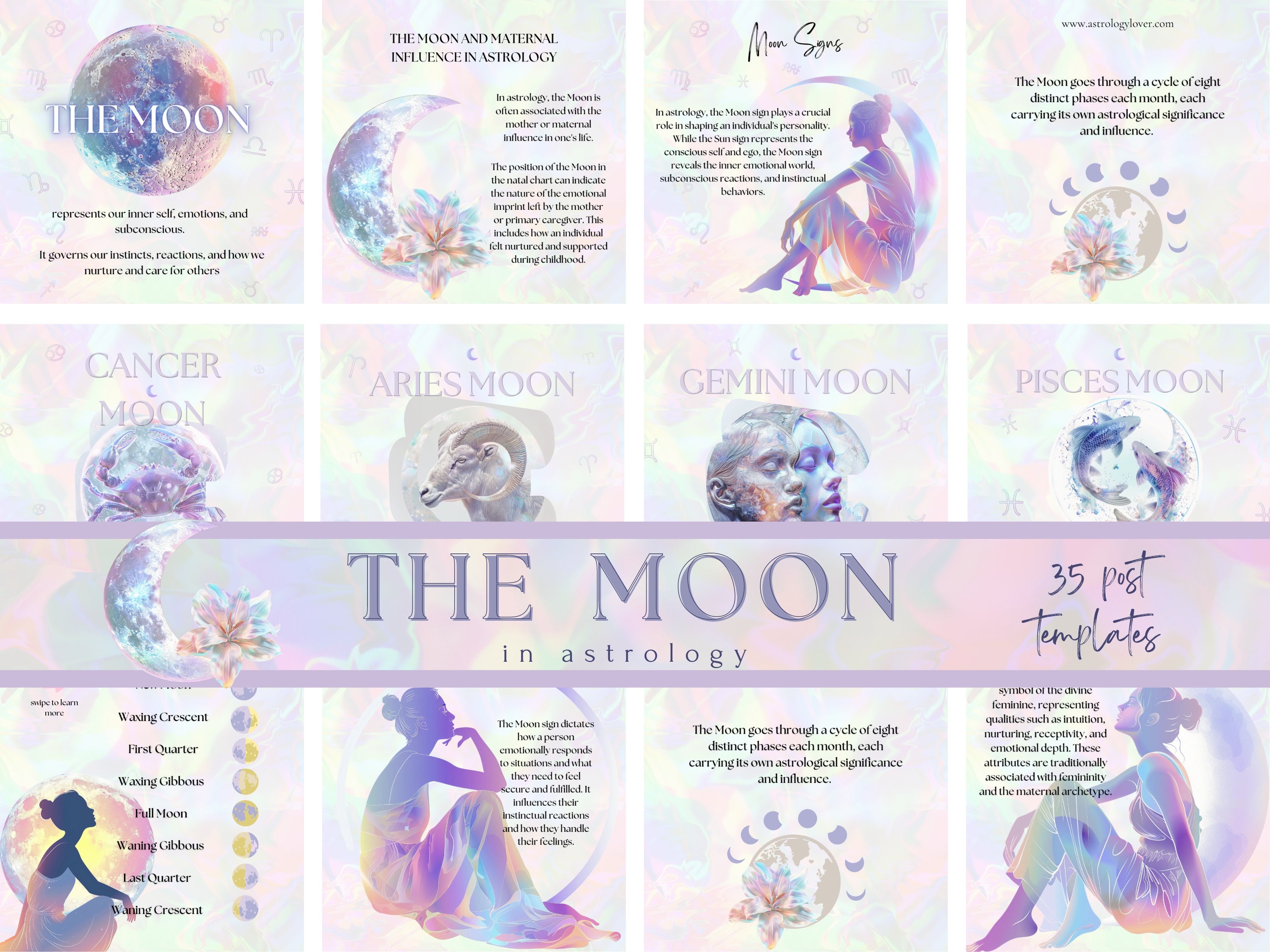Astrology Instagram Post Template Bundle, Holographic Moon, Spiritual ...