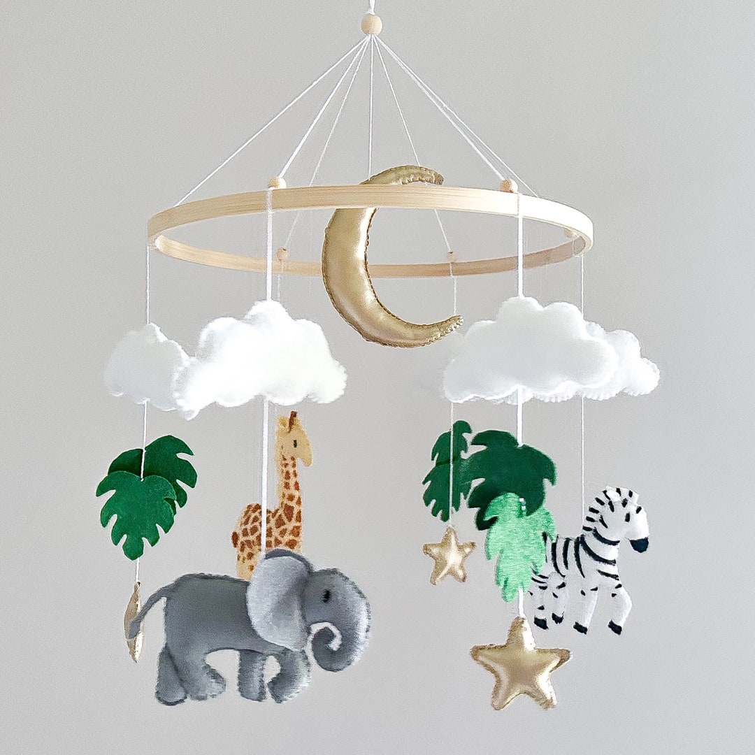 Safari Baby Mobile With Elephant, Zebra, Giraffe, Monstera Leaves ...