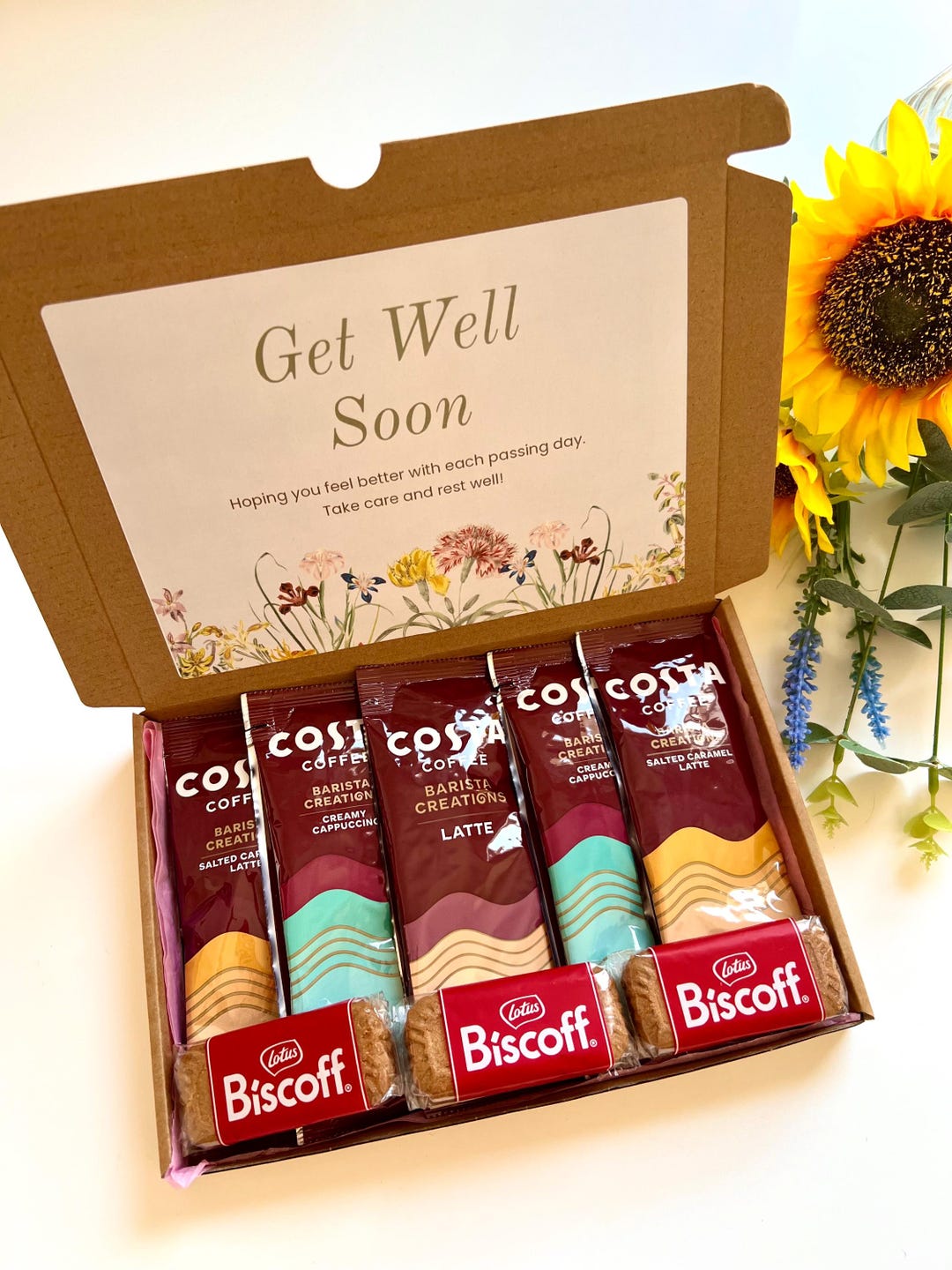 GET WELL SOON Personalised Costa & Starbucks Coffee Treat Box -illness ...