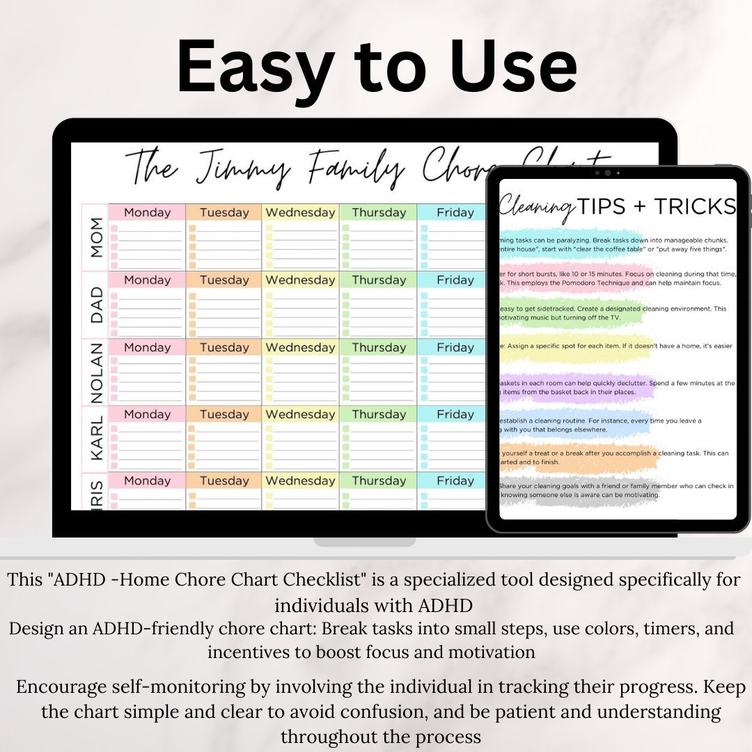 ADHD Home Chore Chart Checklist to Stay Organized and Track Daily Tasks ...