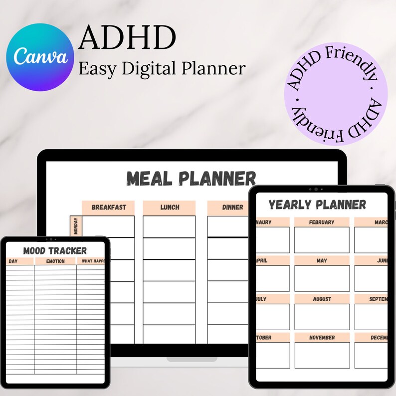 Easy ADHD Digital Planner, Mood Tracker, Workout Planner, Meal Planner ...