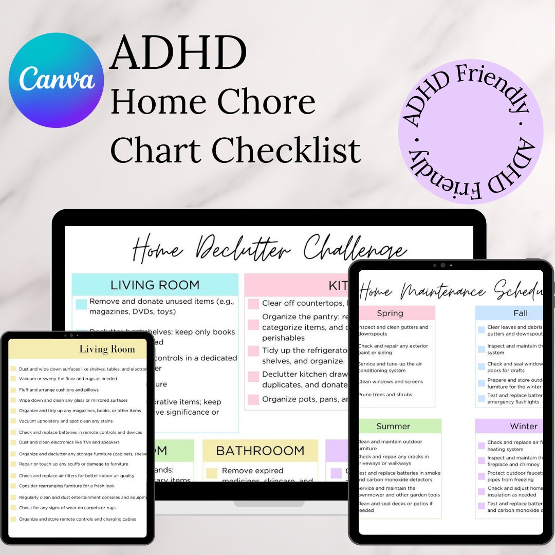 ADHD Home Chore Chart Checklist to Stay Organized and Track Daily Tasks ...