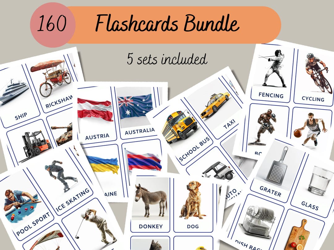 160 Learning Essentials Flashcards Bundle, Pets, Vehicles, Sports ...