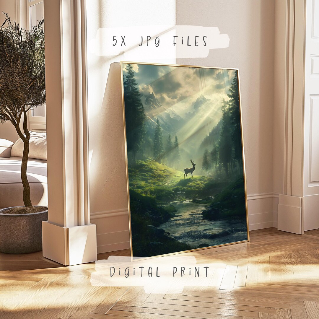 Stag Forest Wall Art Print | Animal Print With Running River | Sage ...