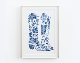 Blue Cowboy Boots Print Blue Cowboy Boots Wall Art, Minimalist Southern ...