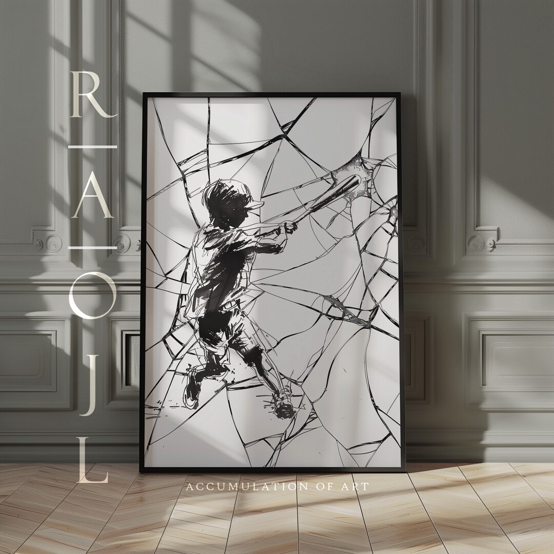 Baseball Kid Smashes Window Print Minimalistic Black and White Artwork ...