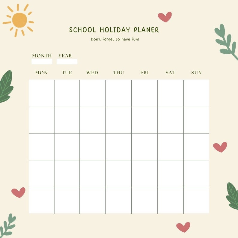 School Holiday Planner, Printable Summer Calendar, Summer Holidays ...