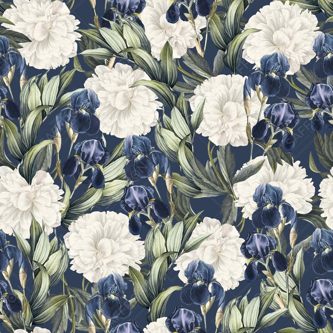 Sapphire Garden Twilight - Botanical Pattern, Iris Garden Pattern, Blue ...