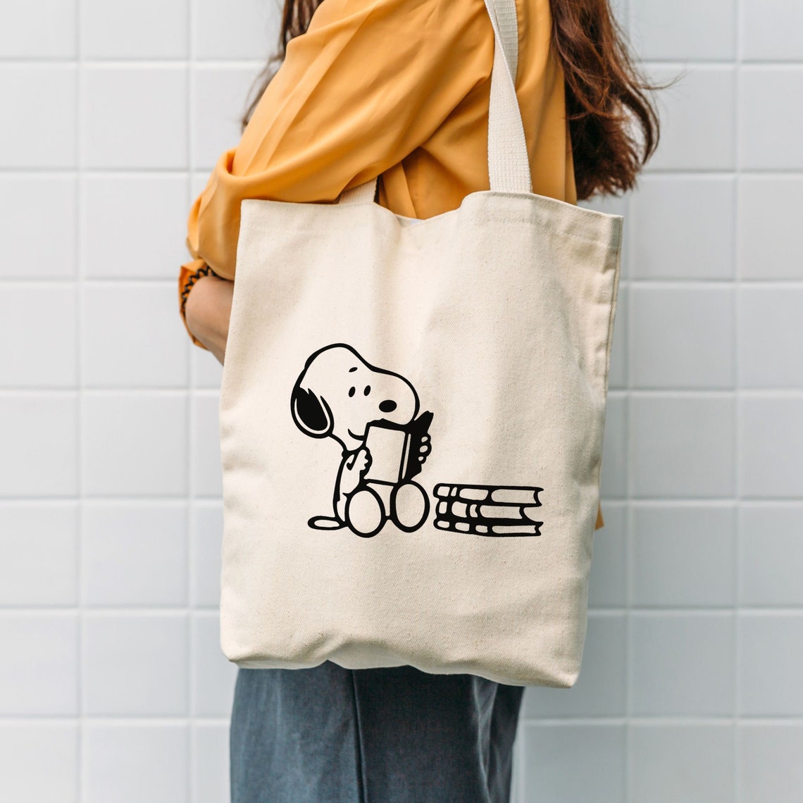 Snoopy Tote Bag, Snoopy Tote, Library Tote Bag, Snoopy Reading Books ...