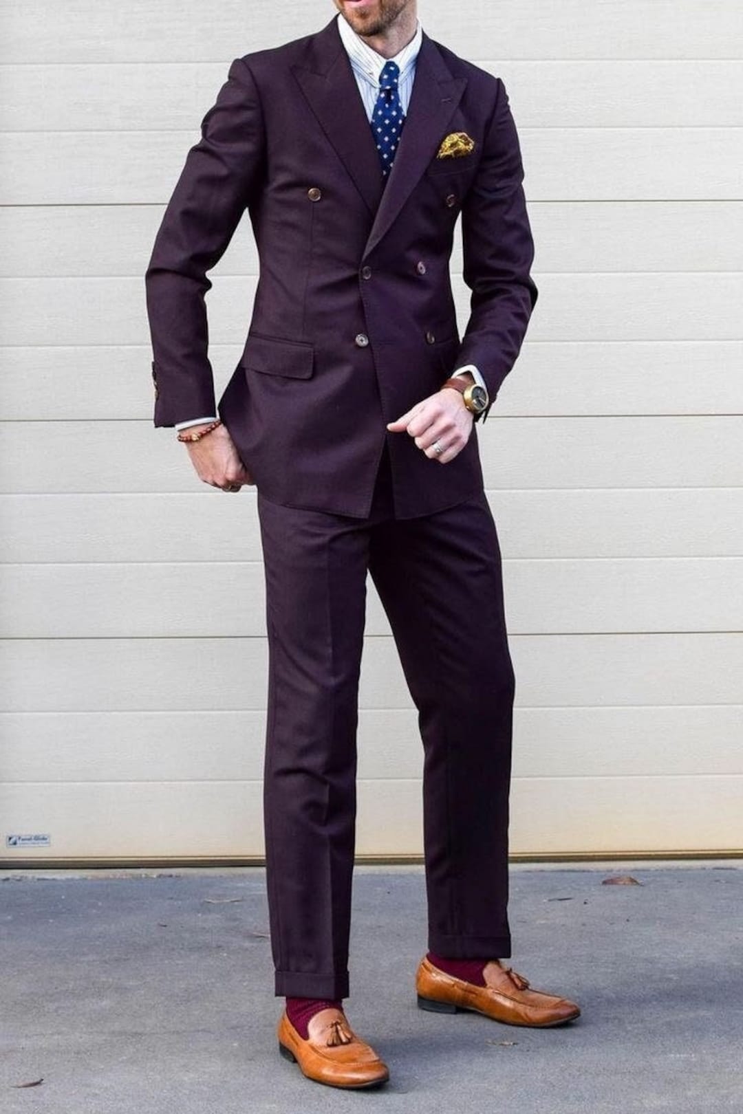 Men Bespoke Custom Slim Fit Suit Classy Double Breast Two Piece Purple Combination Men's Suit ...