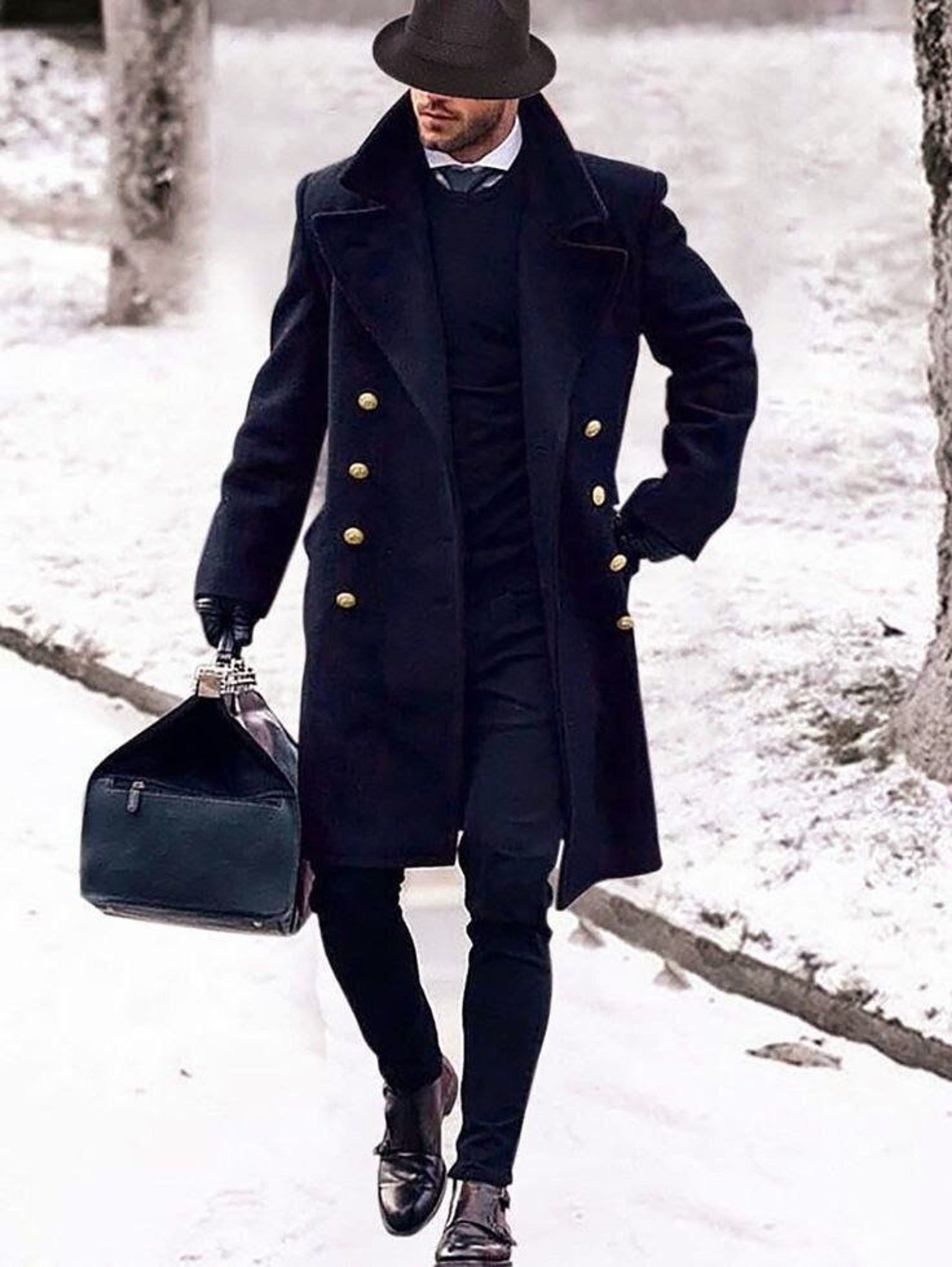 Men Handmade Premium Navy Wool Mens Long Trench Coat for Men Winter ...