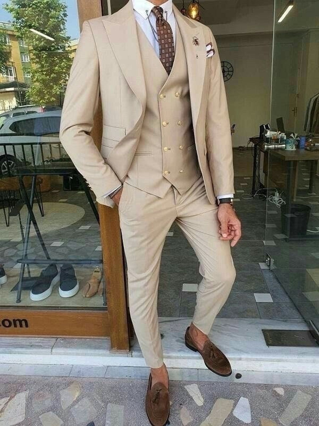Men's Wedding Suit: Cream Linen, Three-piece - Jacket, Vest, Trousers ...