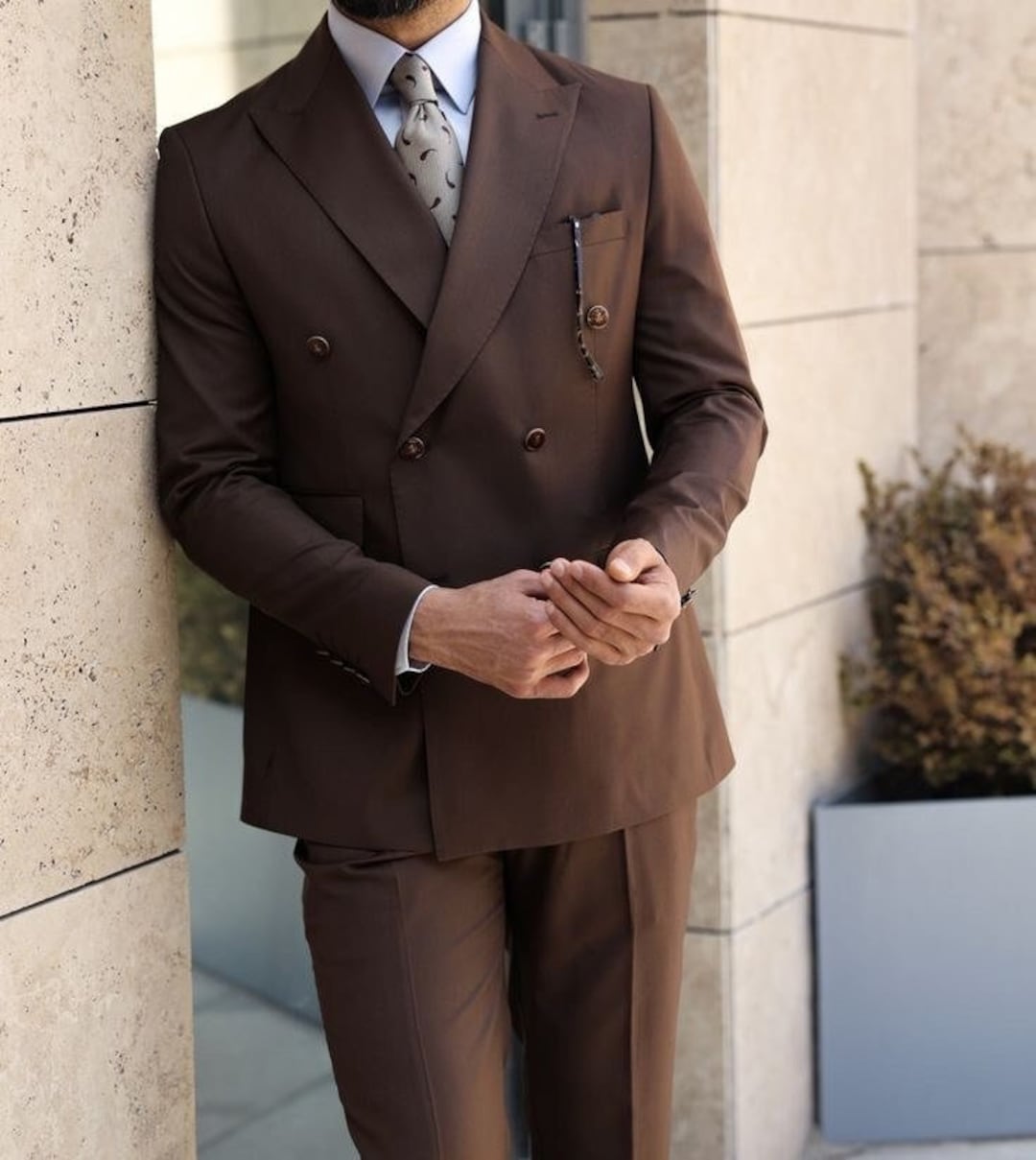 Men Bespoke Slim Fit Suit Classy Double Breast Two Piece Brown ...