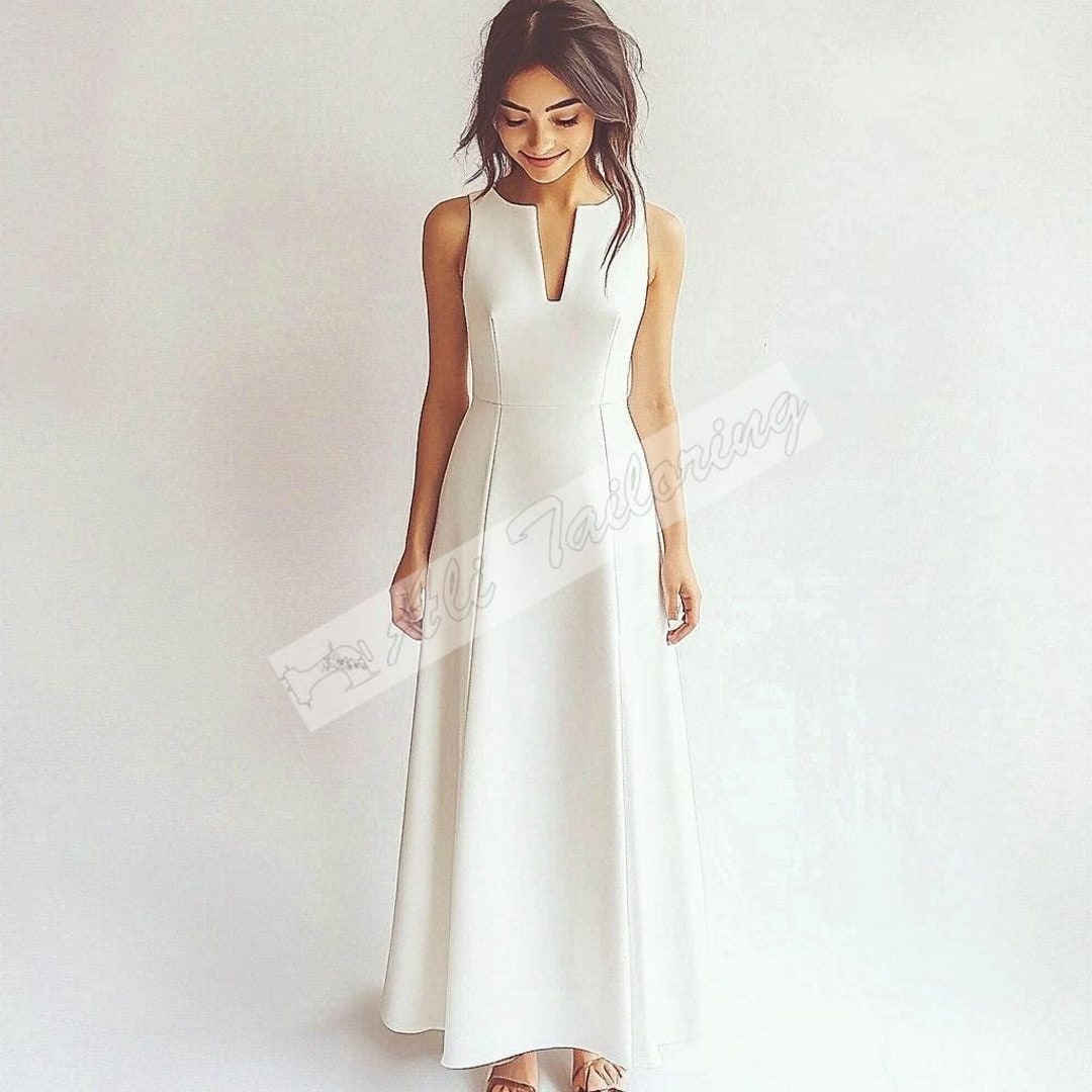 Women's White Sleeve Less Dress, Fit-and-flare Style With Pleats, Tank ...