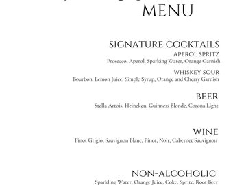 Editable Bar Menu Template for Weddings and Events Customizable Drink ...