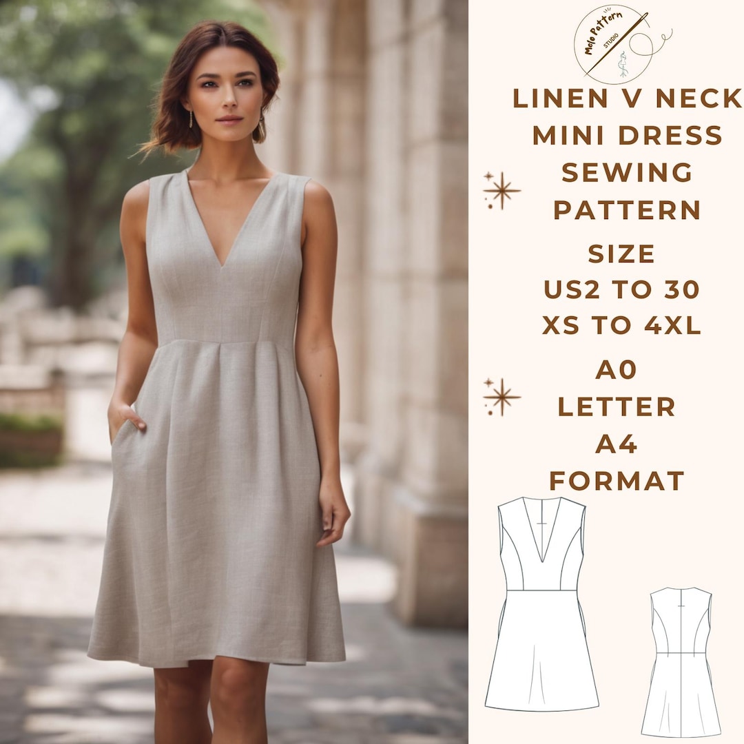 Linen V Neck Mini Dress Pattern,linen Dress Sewing Pattern,range of ...