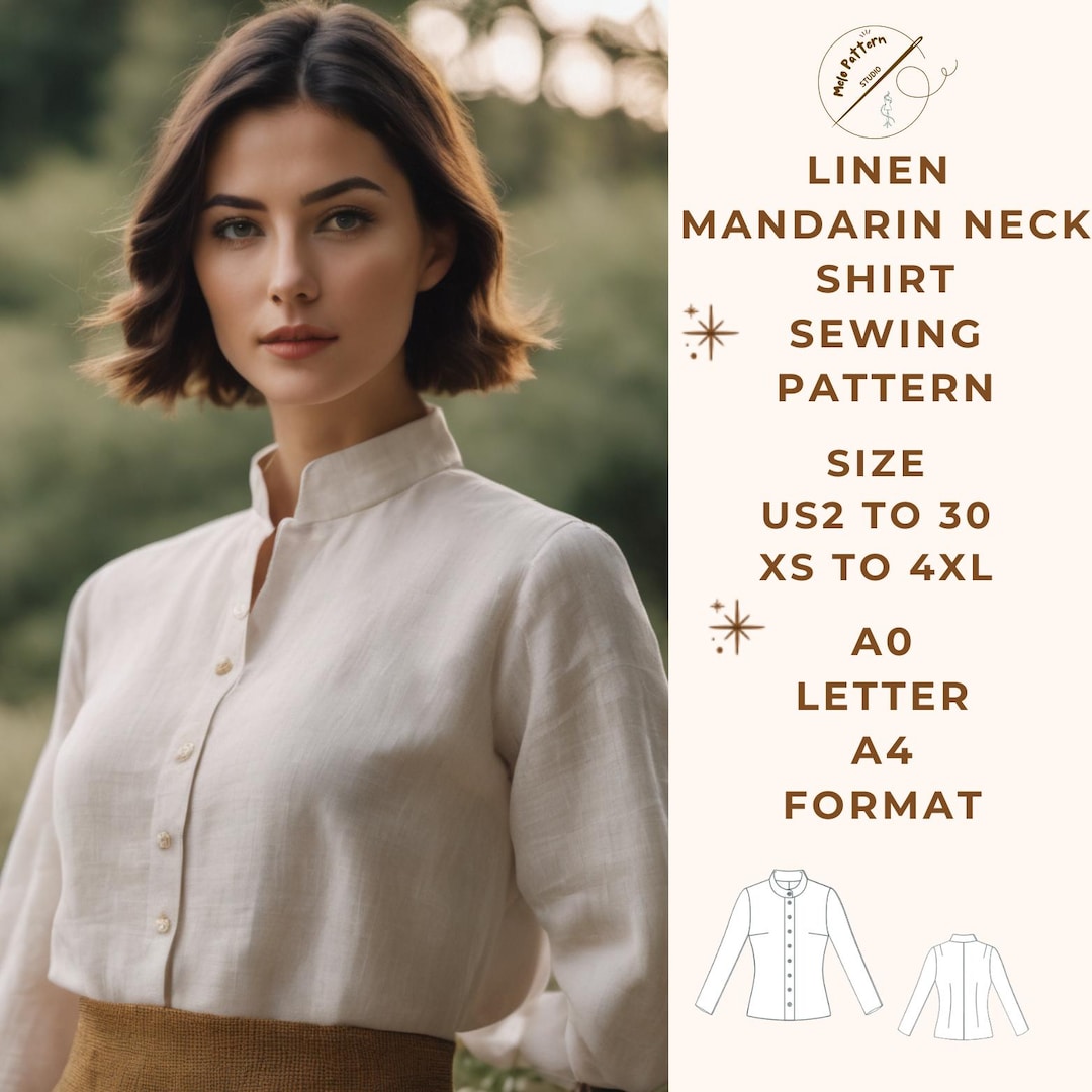Linen Mandarin Neck Shirt Pattern, Size ( US2 to 30 )-EU(XS to 4XL) - Etsy