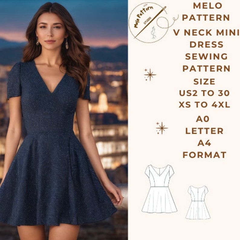 Mini V Neck Dress Sewing Pattern, Mini Dress, Homecoming Dress , V Neck ...