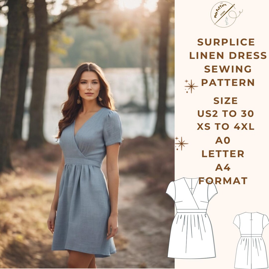 Surplice Linen Dress Pattern,linen Dress Sewing Pattern,range of Size ...