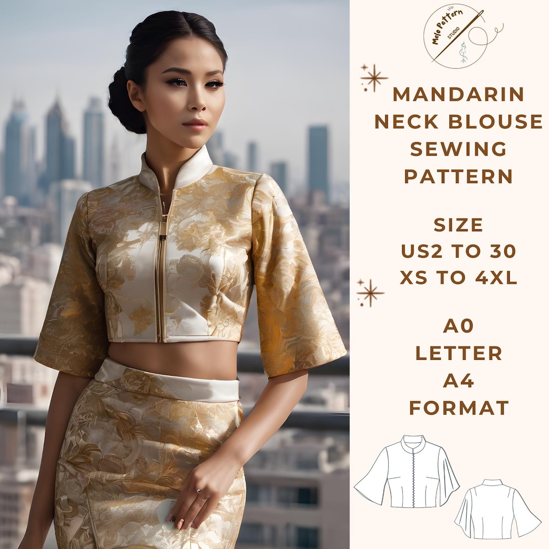 Mandarin Neck Blouse Pattern, Size ( US2 to 30 )-EU(XS to 4XL) - Etsy