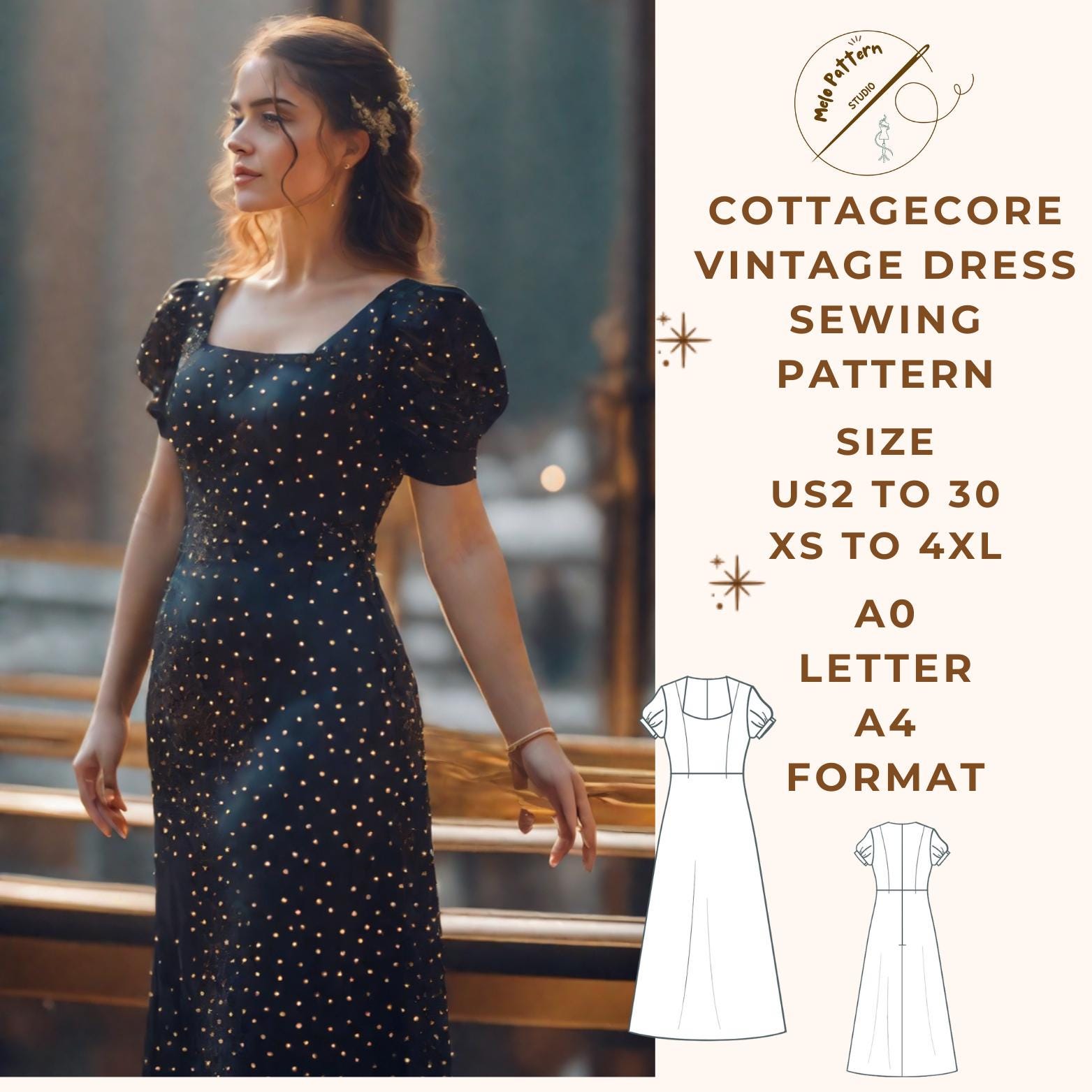 Cottagecore Vintage Dress Sewing Pattern, US 2 to 30 and XS to 4xl ...