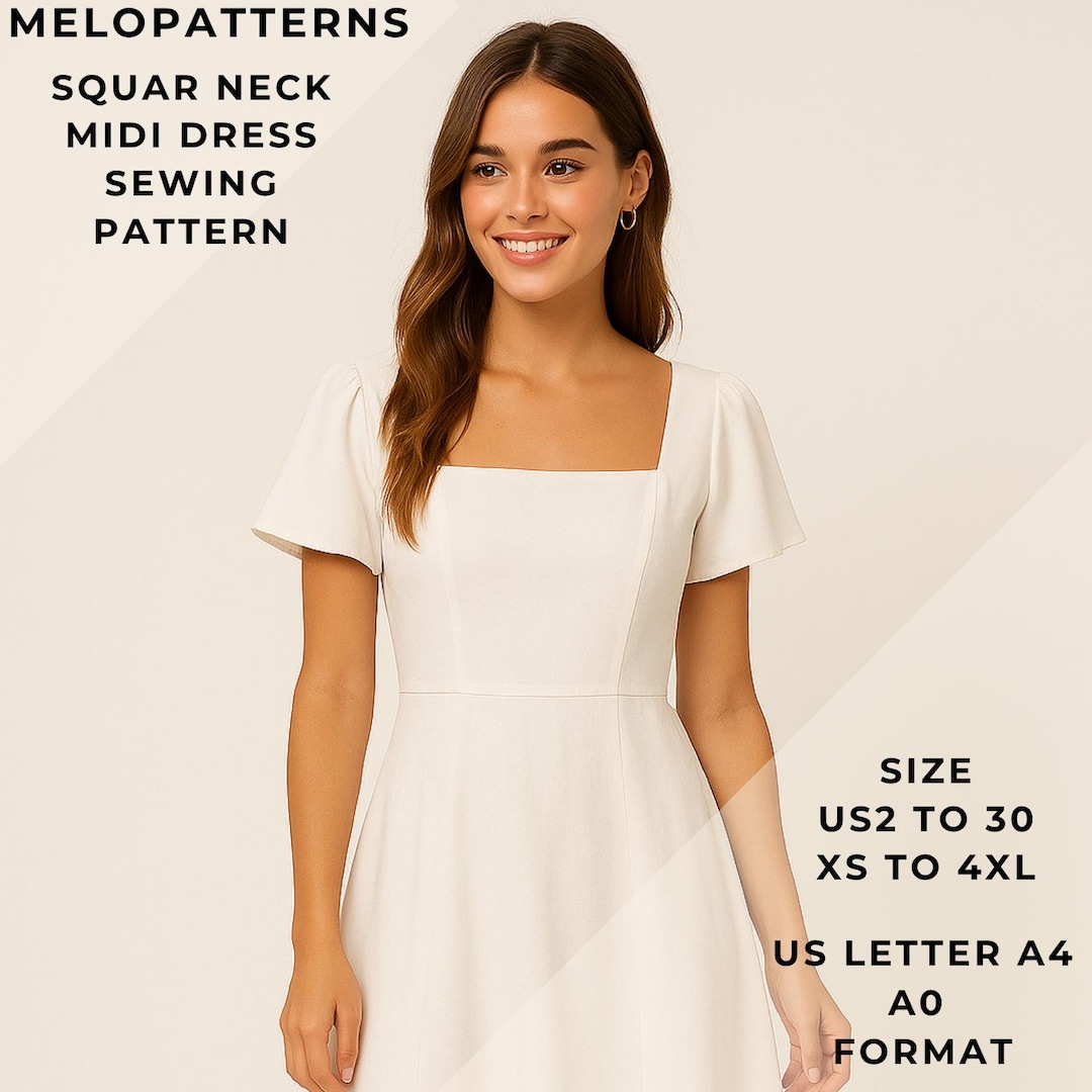Squar Neck Midi Dress Sewing Pattern, Cocktail Dress,anniversary Dress ...