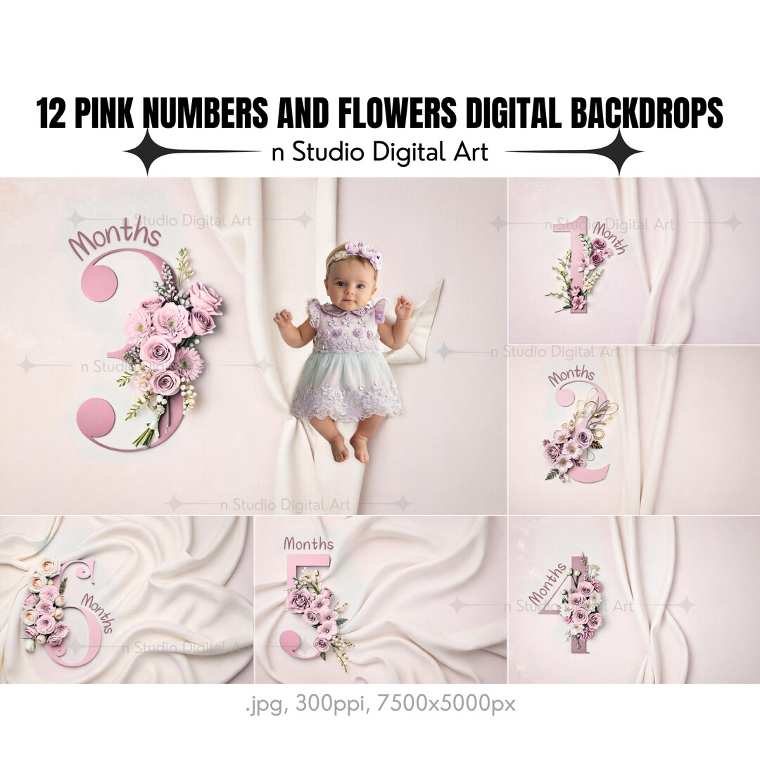 12 Newborn First Year Pink Floral Numbers Digital Backdrops, Milestone ...