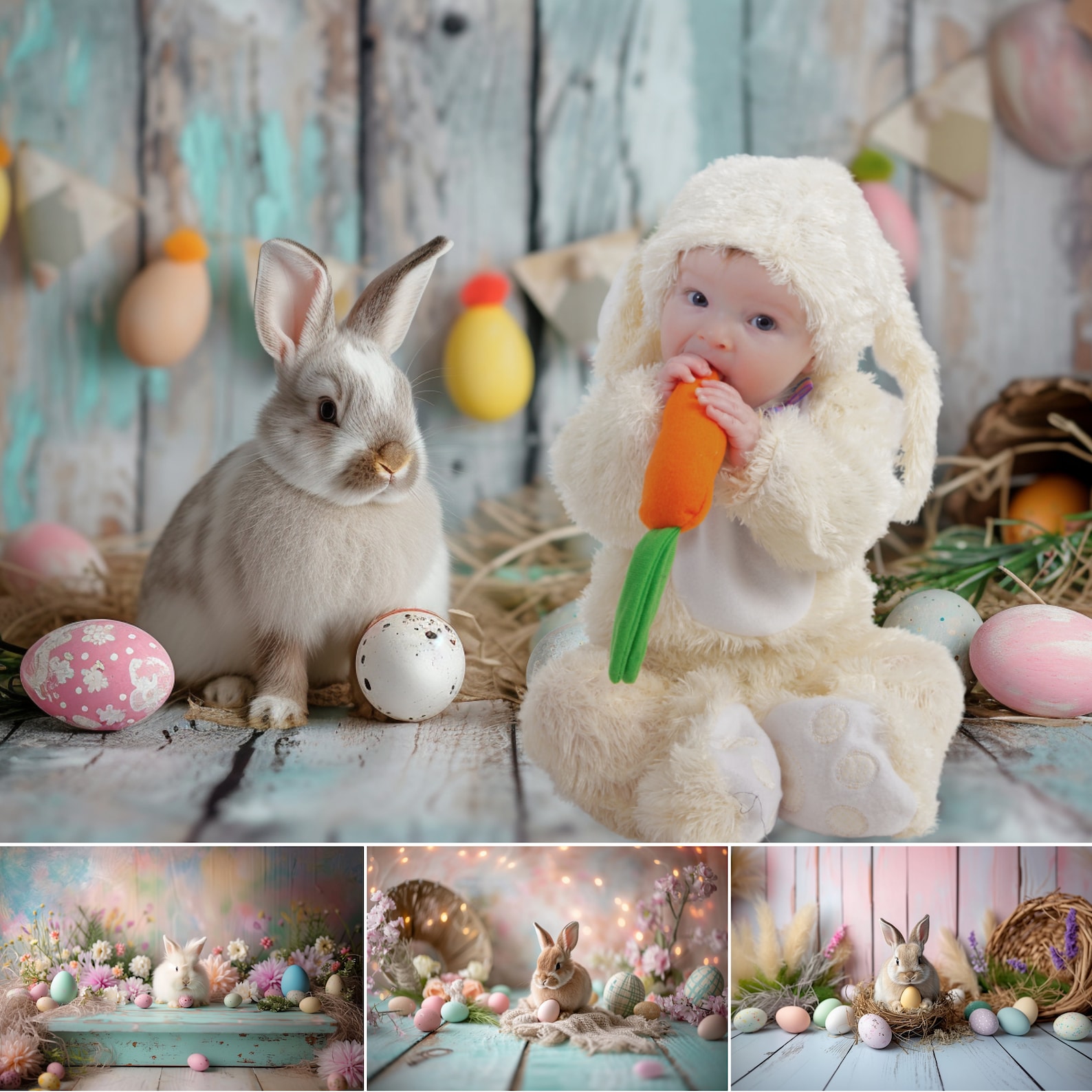 7 Rustic Easter Kid Backdrops With Rabbits and Colorful Eggs | Kids ...