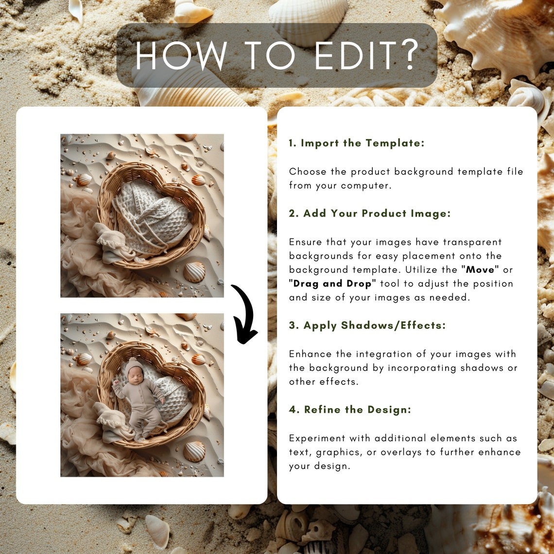 15 Baby Backdrops Heart Shaped Basket With Shells Newborn First ...