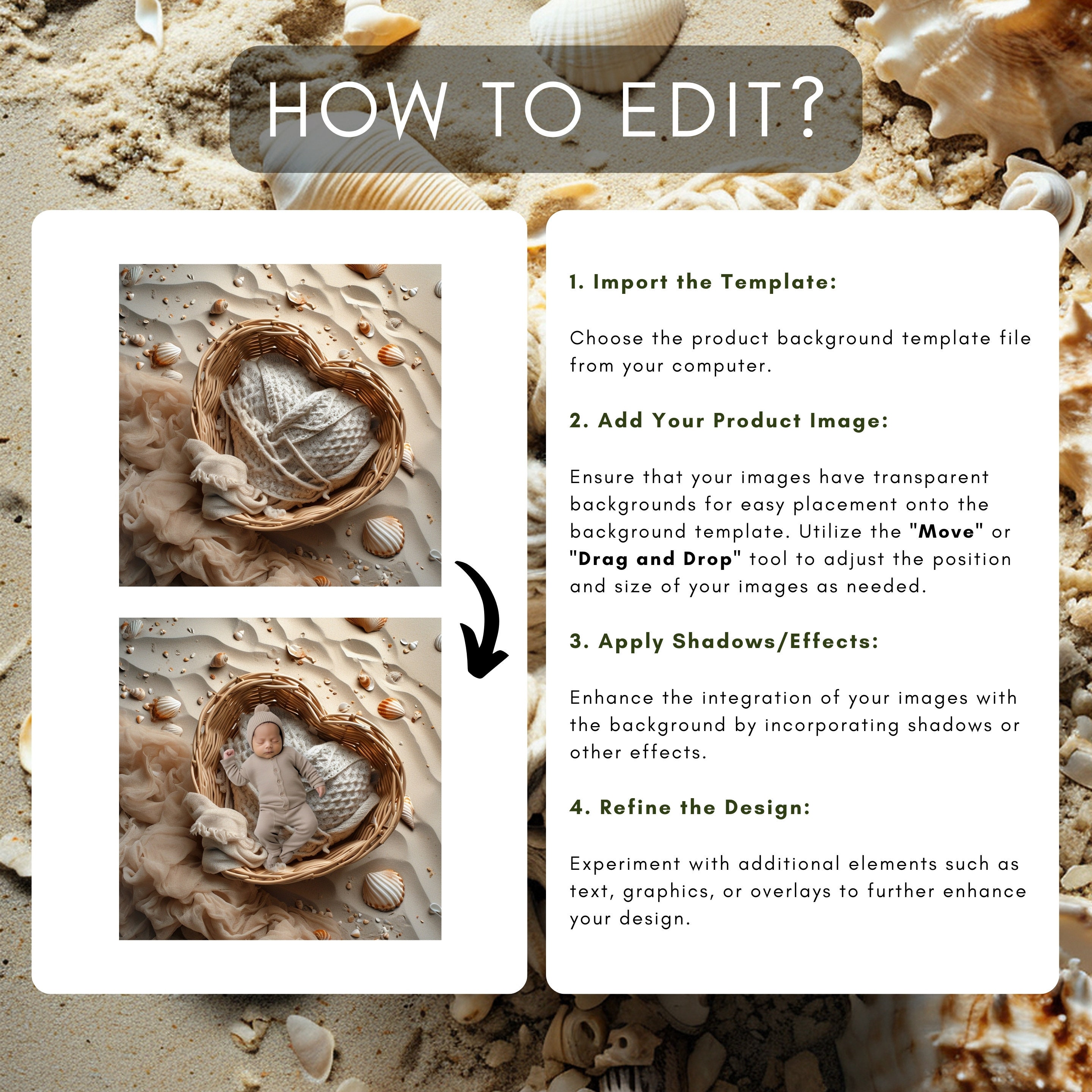 15 Baby Backdrops Heart Shaped Basket With Shells Newborn First ...