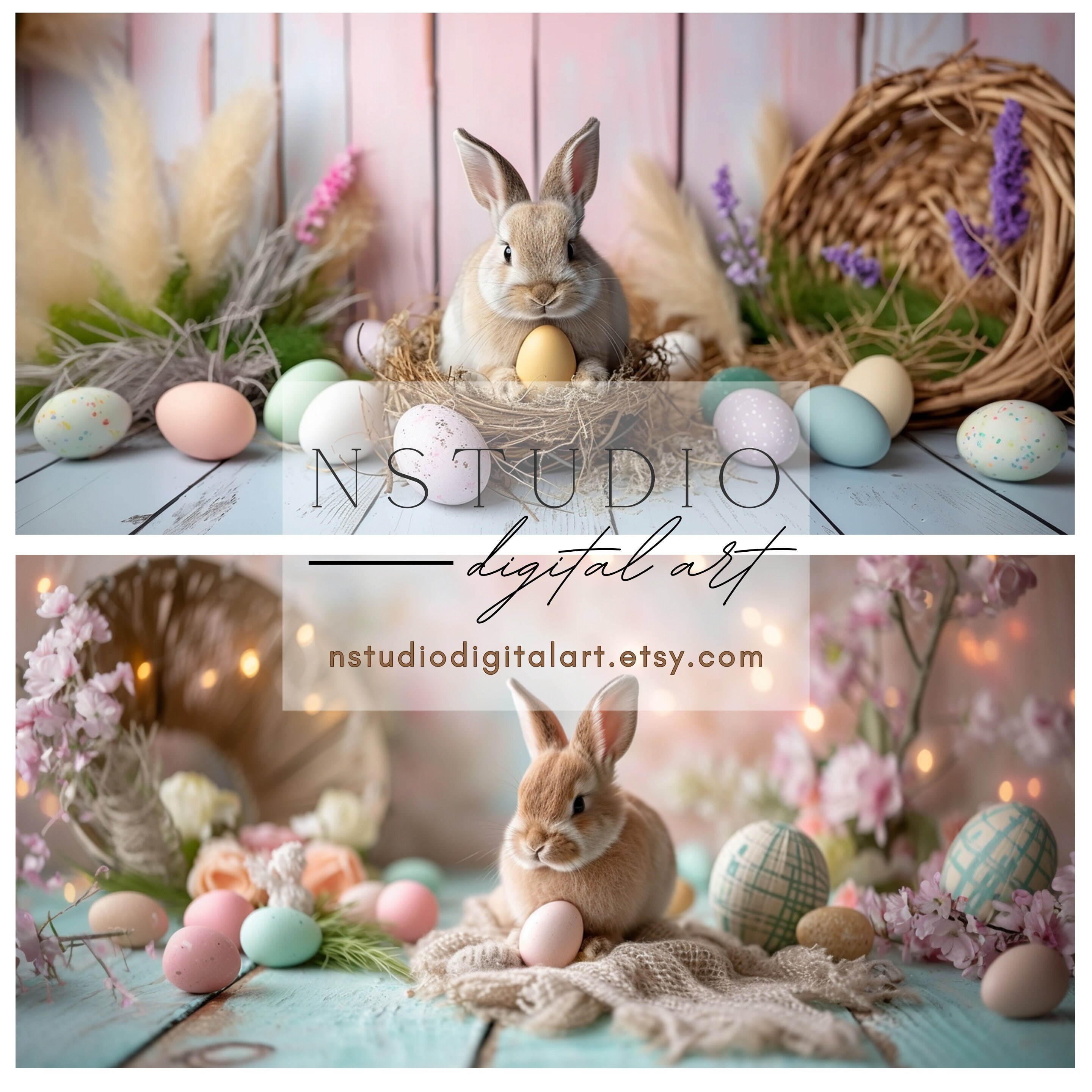 7 Rustic Easter Kid Backdrops With Rabbits and Colorful Eggs Kids ...