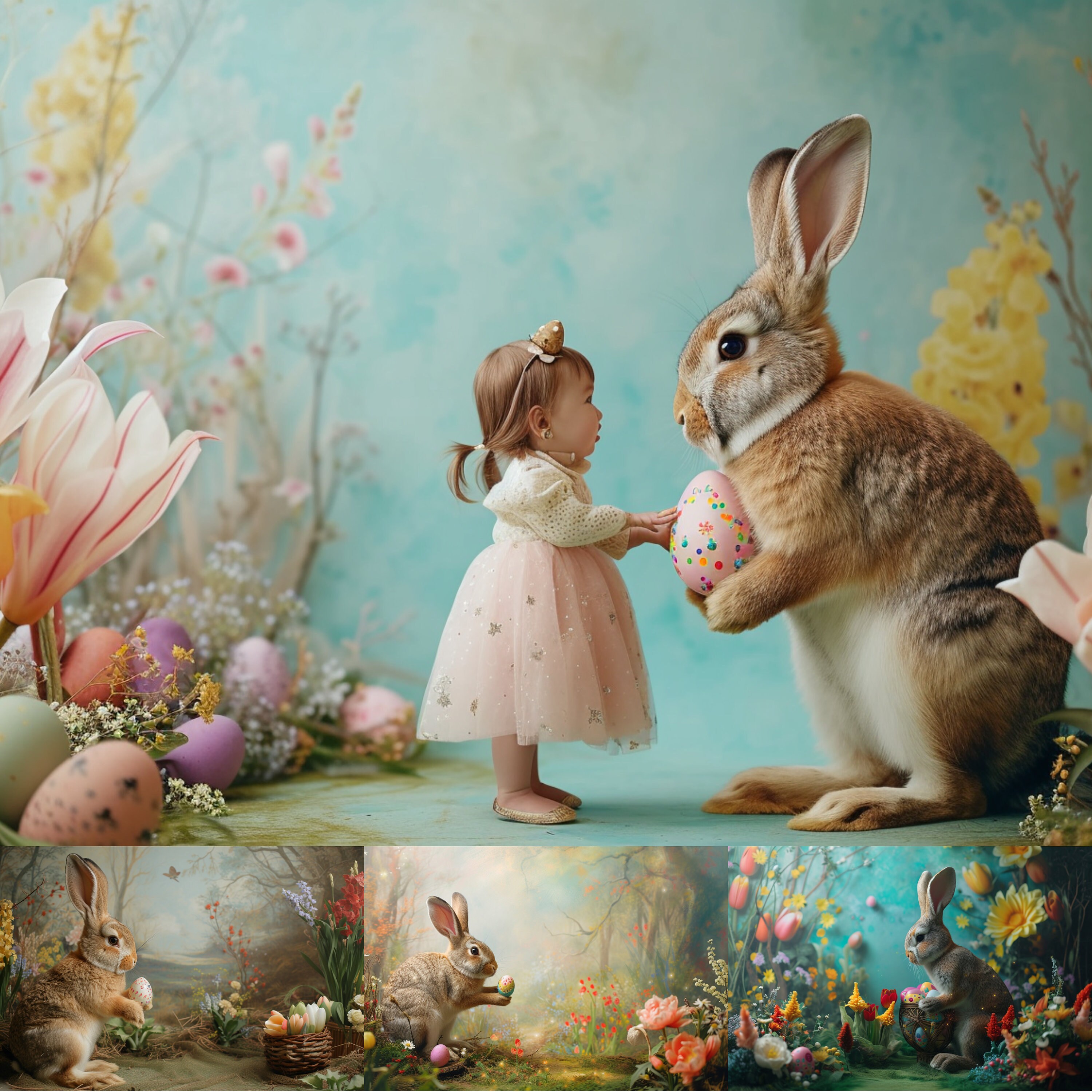 11 Easter Kid Backdrops With Rabbits Holding Colorful Eggs | Kids ...