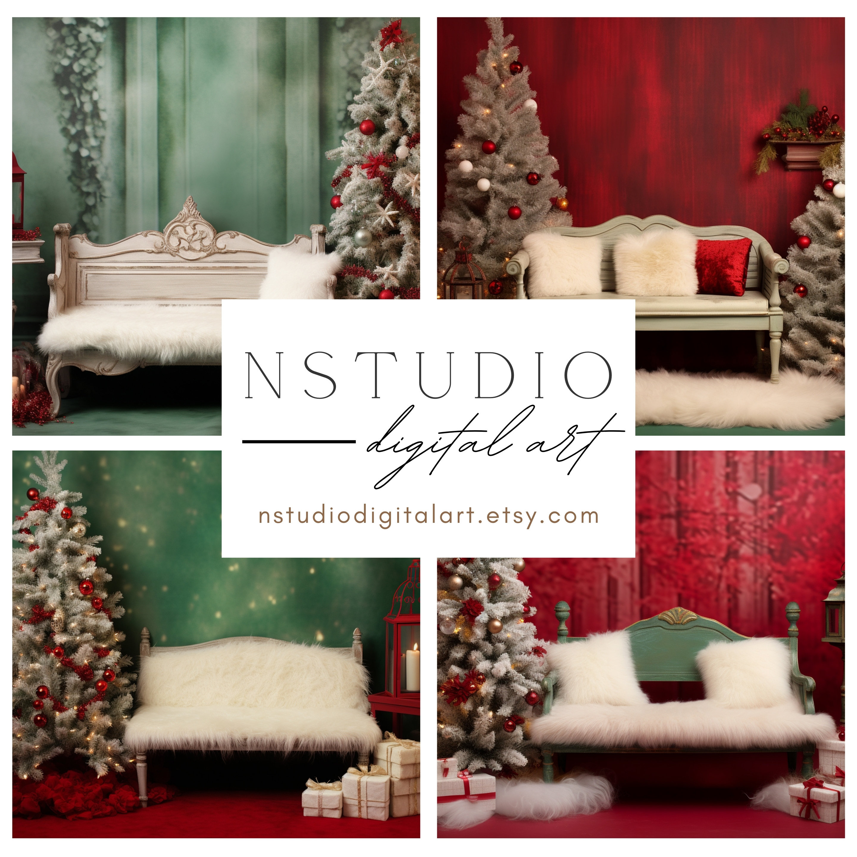 10 Family and Kids Christmas Backdrops Vintage Bench and Xmas Trees ...