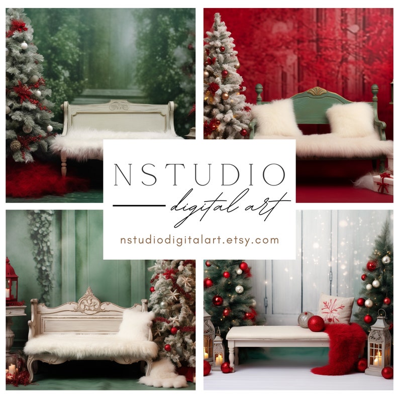 10 Family and Kids Christmas Backdrops | Vintage Bench and Xmas Trees ...