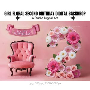 Floral Girl Second Birthday Digital Backdrop: Pink Vintage Photo Prop ...