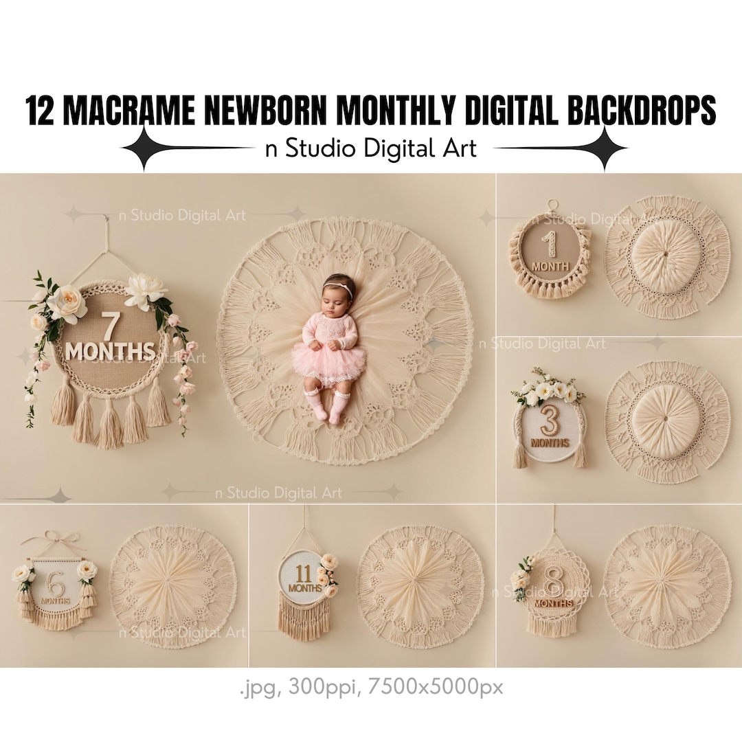 12 Newborn First Twelve Months Floral Macrame Digital Backdrops ...