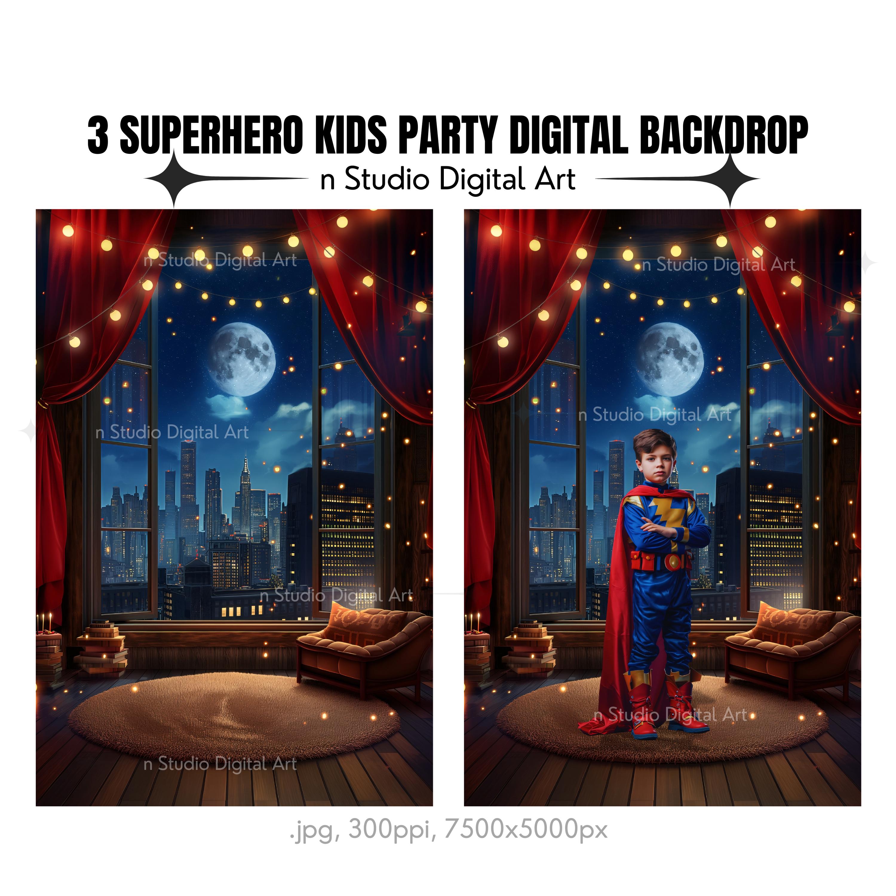 3 Superhero Kid Party Digital Backdrops, Comic Themed Party Backgrounds ...