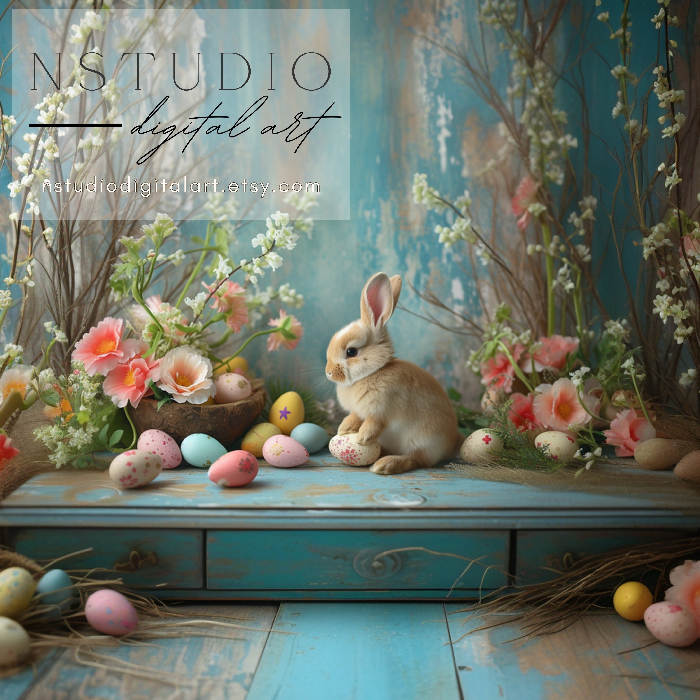 7 Rustic Easter Kid Backdrops With Rabbits and Colorful Eggs Kids ...