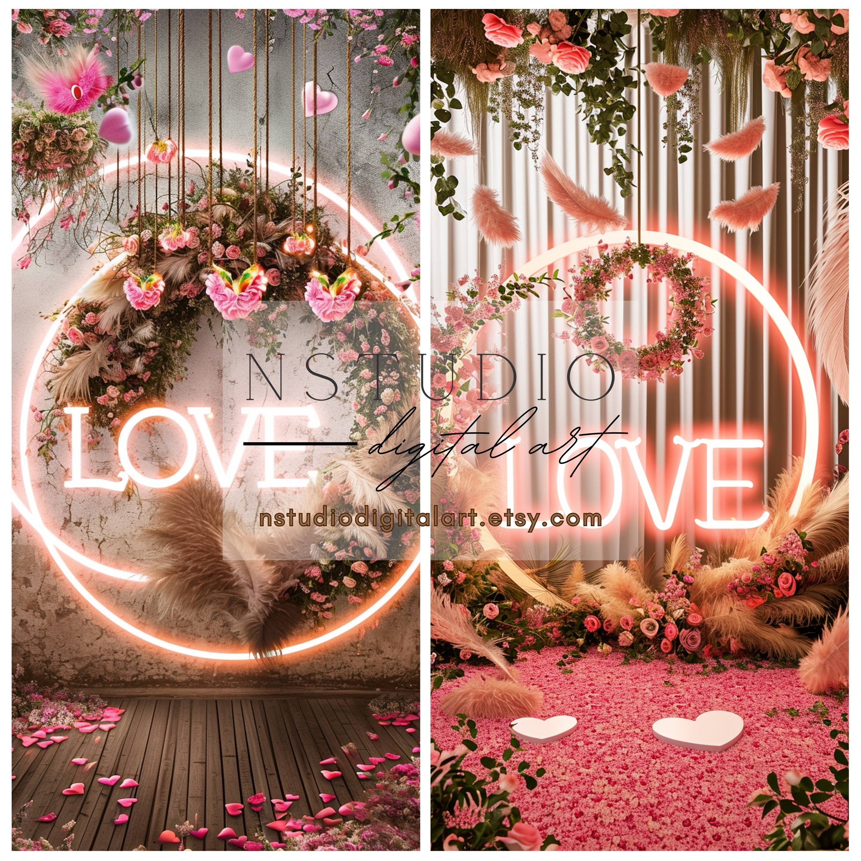 6 Saint Valentine BOHO Backdrops, Neon LOVE Inscription, in Love Couple ...