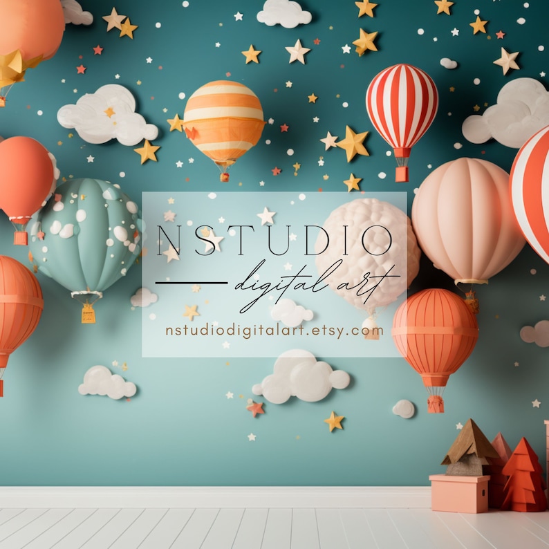 11 Kids Photography Digital Backdrops Sky Fantasy, Hot Air Balloons ...