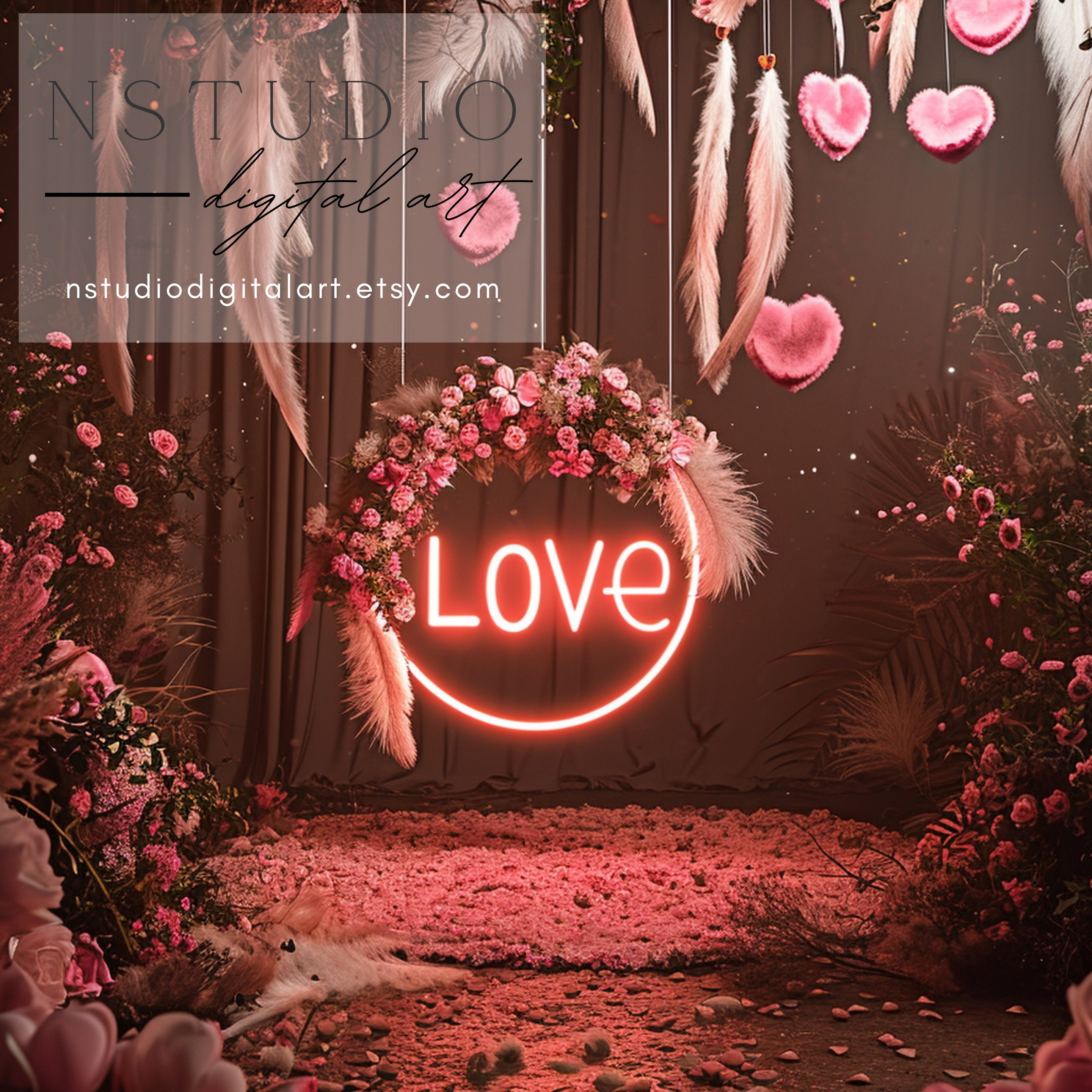 6 Saint Valentine BOHO Backdrops, Neon LOVE Inscription, in Love Couple ...